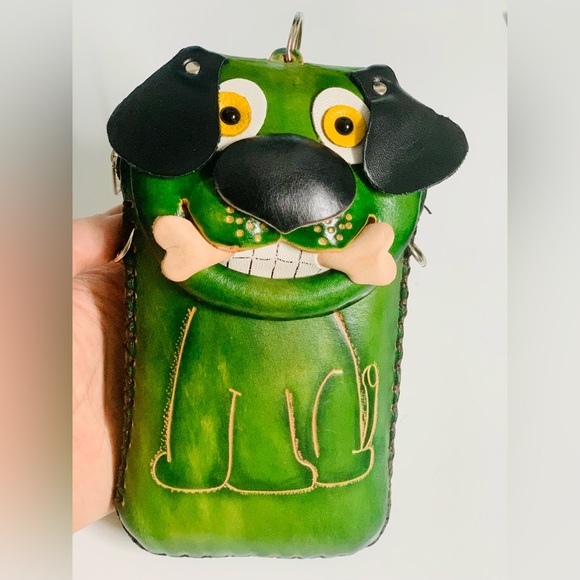 Handmade | Bags | Handmade Green Leather Puppy Crossbody Bag Cute ...